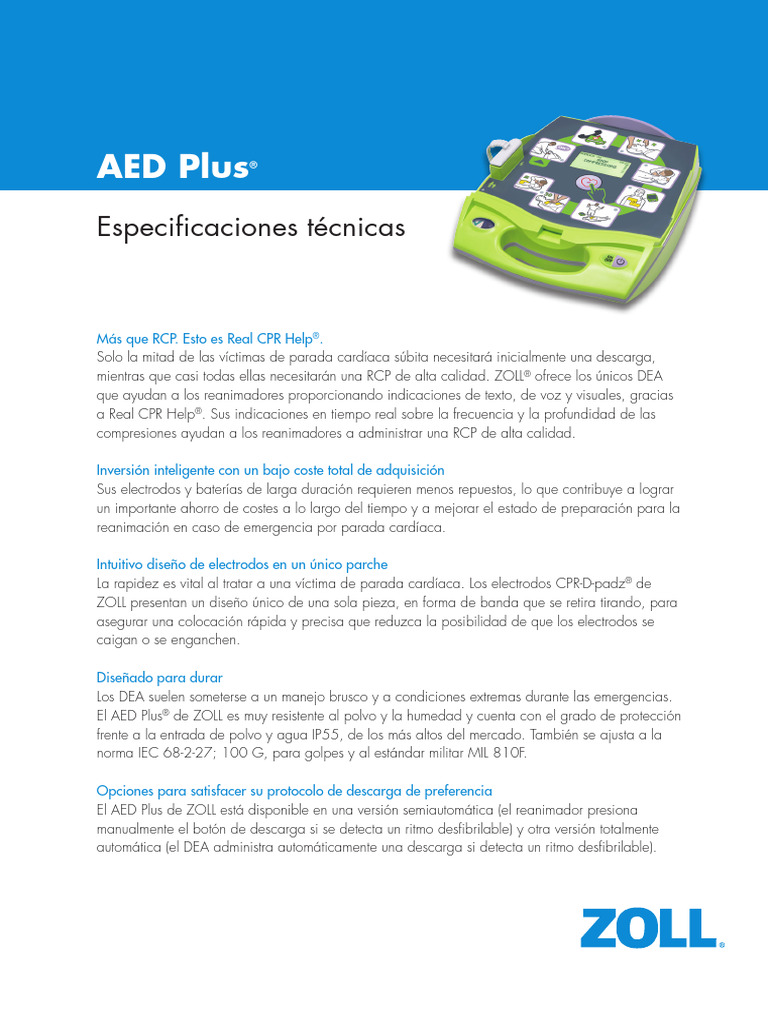 Ficha Tecnica - Desfibrilador - Zoll Aed | PDF | Reanimación cardiopulmonar | Paro cardíaco