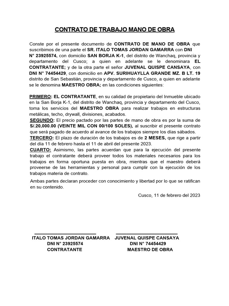 Contrato de Trabajo Mano de Obra 3 | PDF