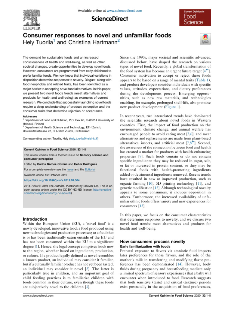 Tuorila, 2020, Consumer Responses To Novel and Unfamiliar Foods | PDF ...