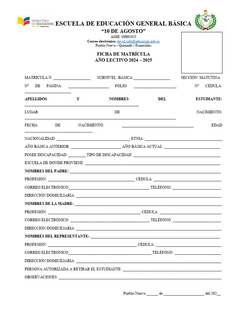 Modelo de Ficha de Matrícula 2024 - 2025 | PDF | Finanzas y dinero