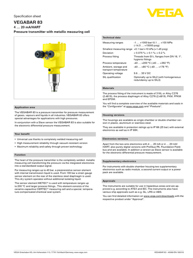 data sheet vega bar | PDF | Pressure | Units Of Measurement