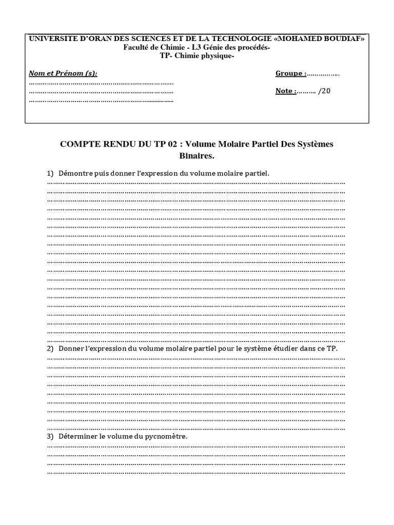 COMPTE RENDU TP 02 Volume Molaire Partiel 1 | PDF