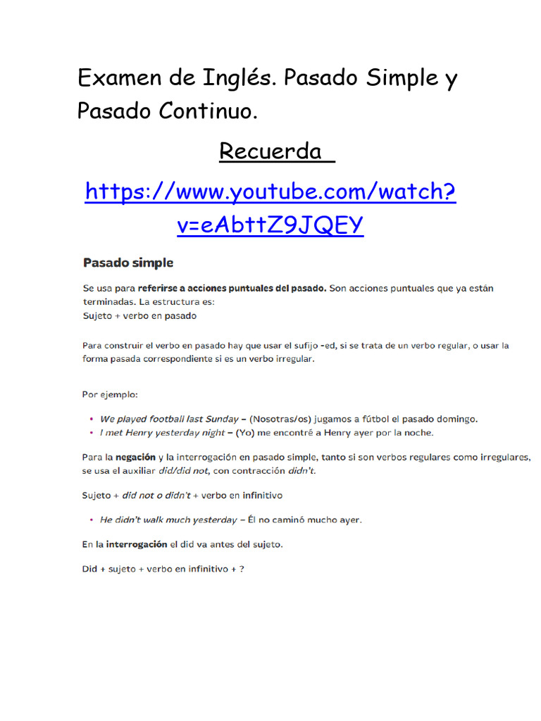Examen de Ingles. Pasado Simple y Pasado Contínuo. | PDF