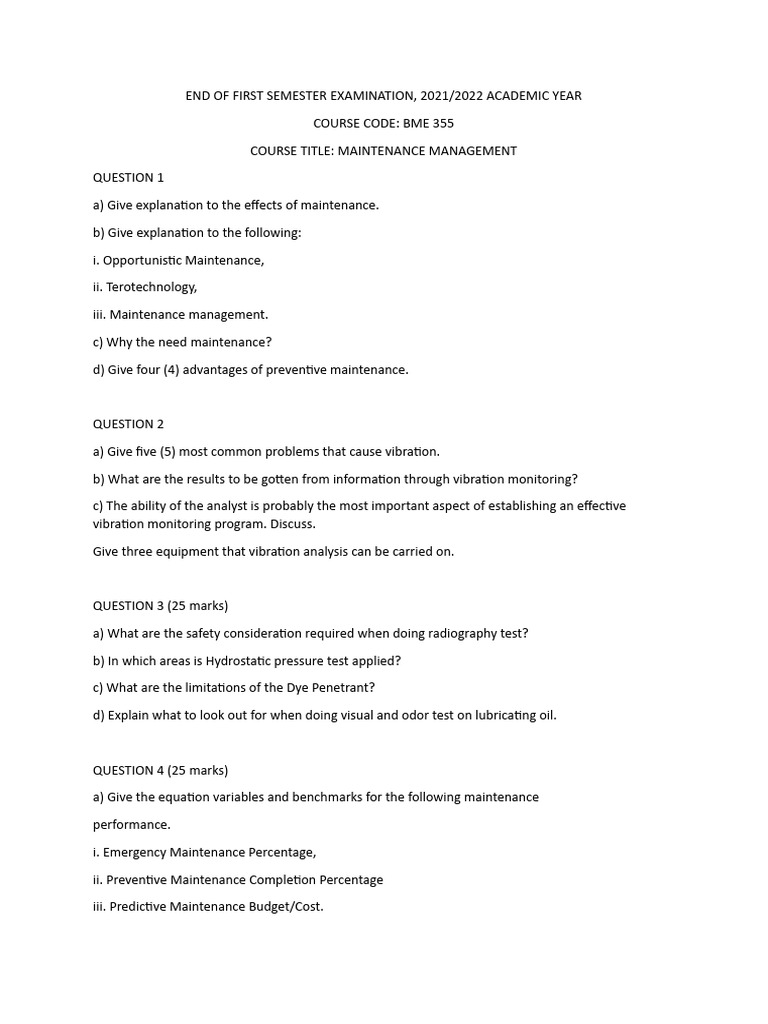 Maintenance Management Exam 2021/22 | PDF