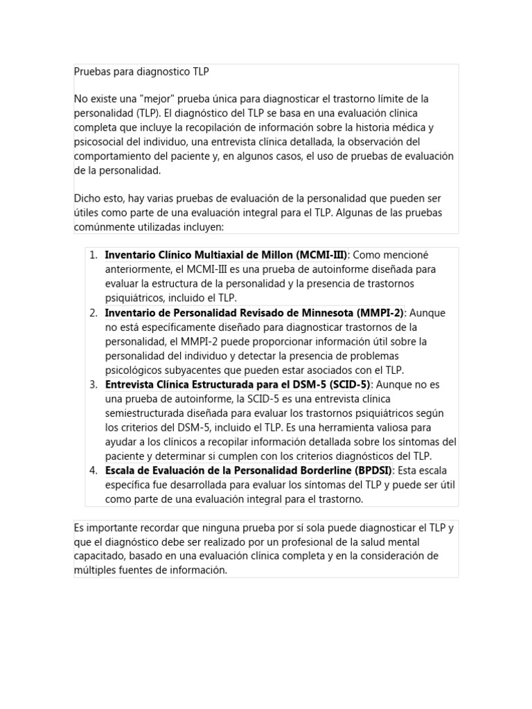 Pruebas para diagnostico TLP | PDF