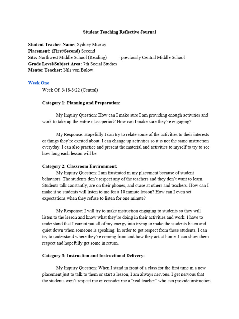 Sydney Murray Student Teaching Reflective Journal - 2 | PDF | Teachers ...