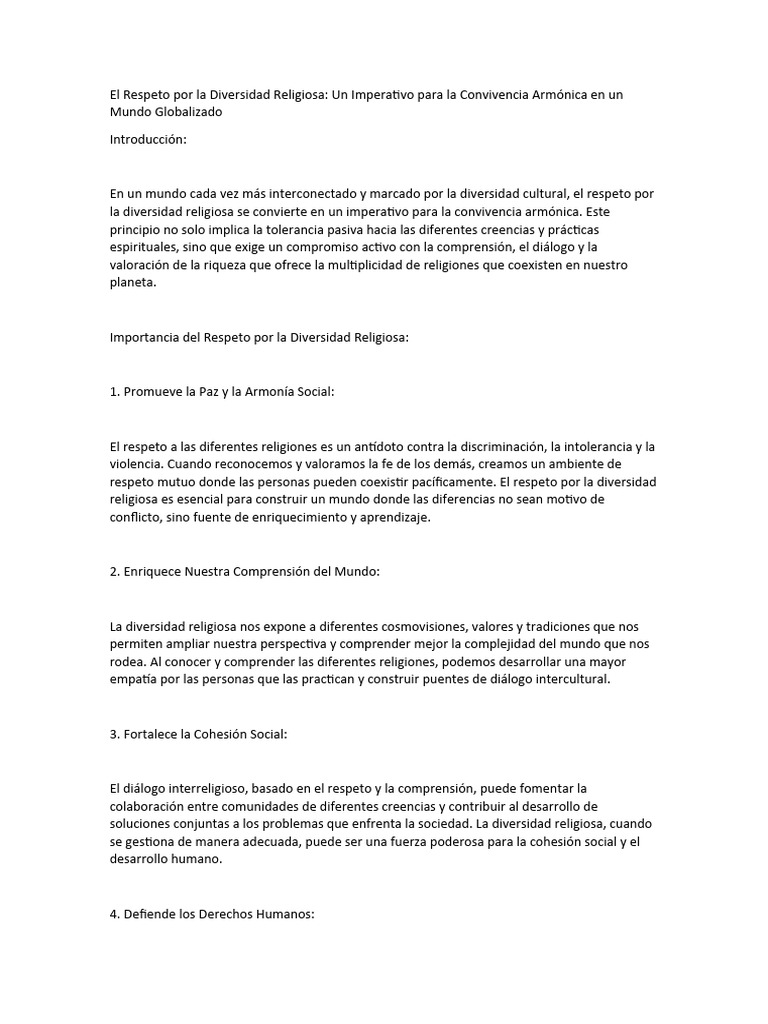 El Respeto Por La Diversidad Religiosa | PDF | Tolerancia | Diálogo interreligioso