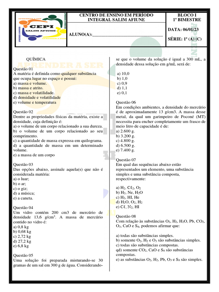 Quimica 1 Série Ciclo Ii Pdf Substancias Químicas Densidade