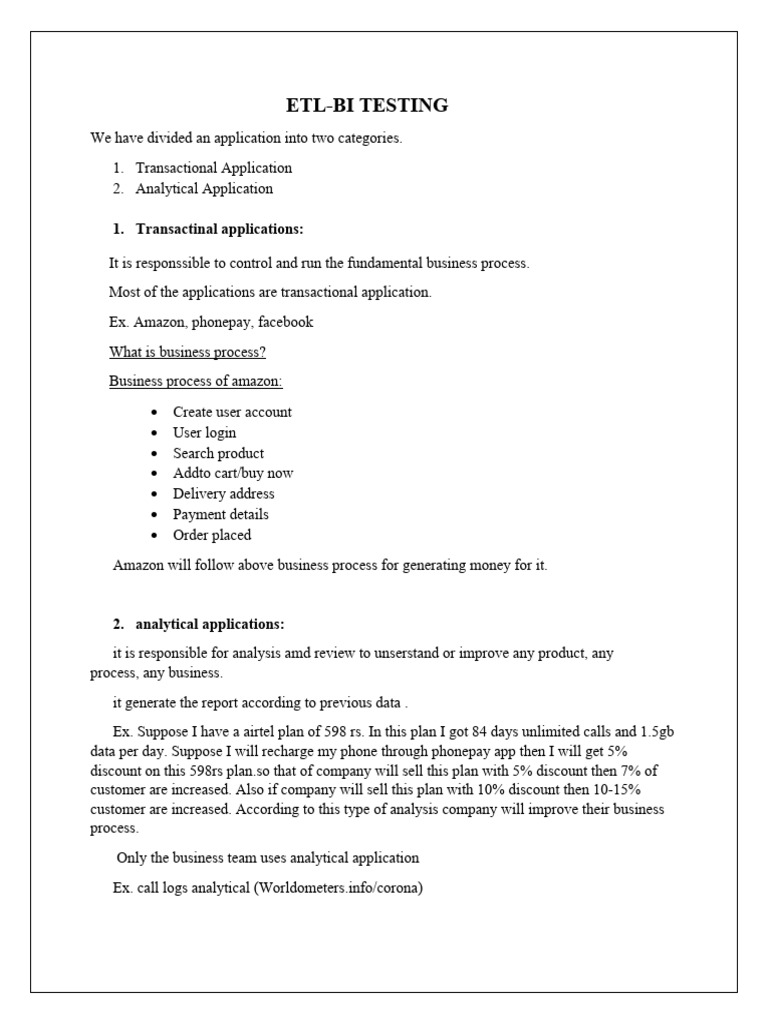 Etl-Bi Testing: 1. Transactinal Applications: It Is Responssible To ...