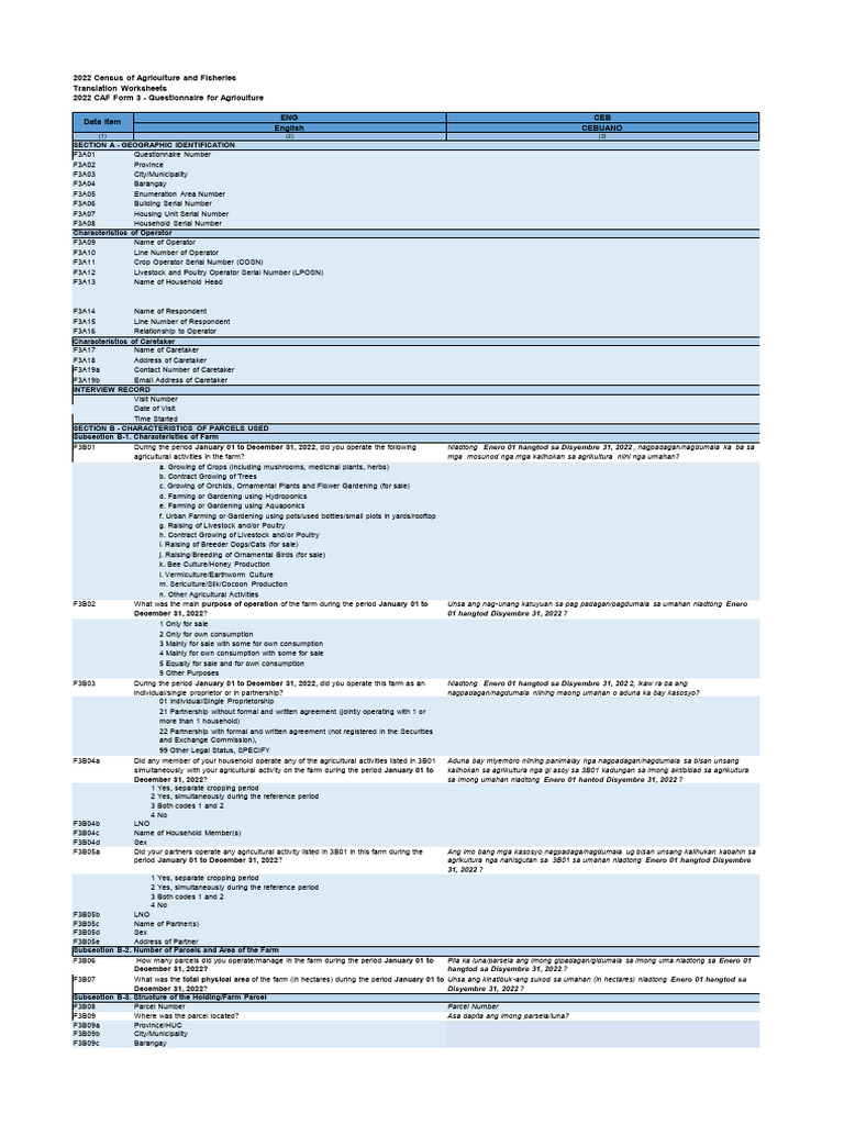 2022 CAF Form 3 - Questionnaire For Agriculture - CEB | PDF | Farms ...