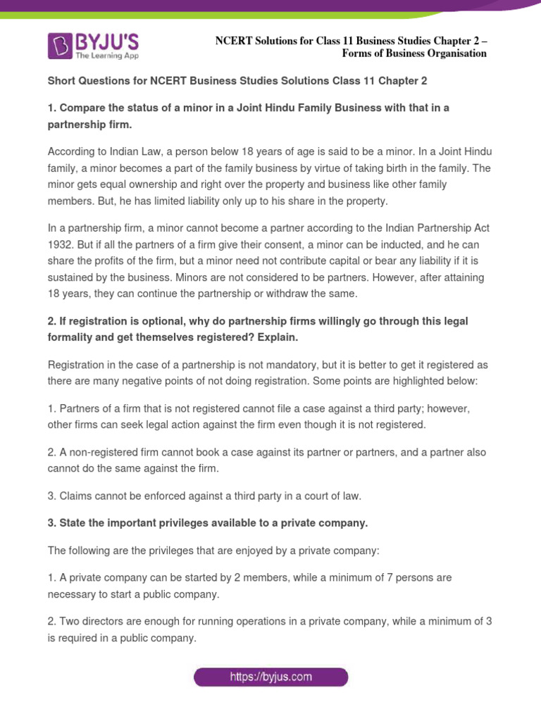 Ncert Solutions For Class 11 Business Studies Chapter 2 Forms of ...