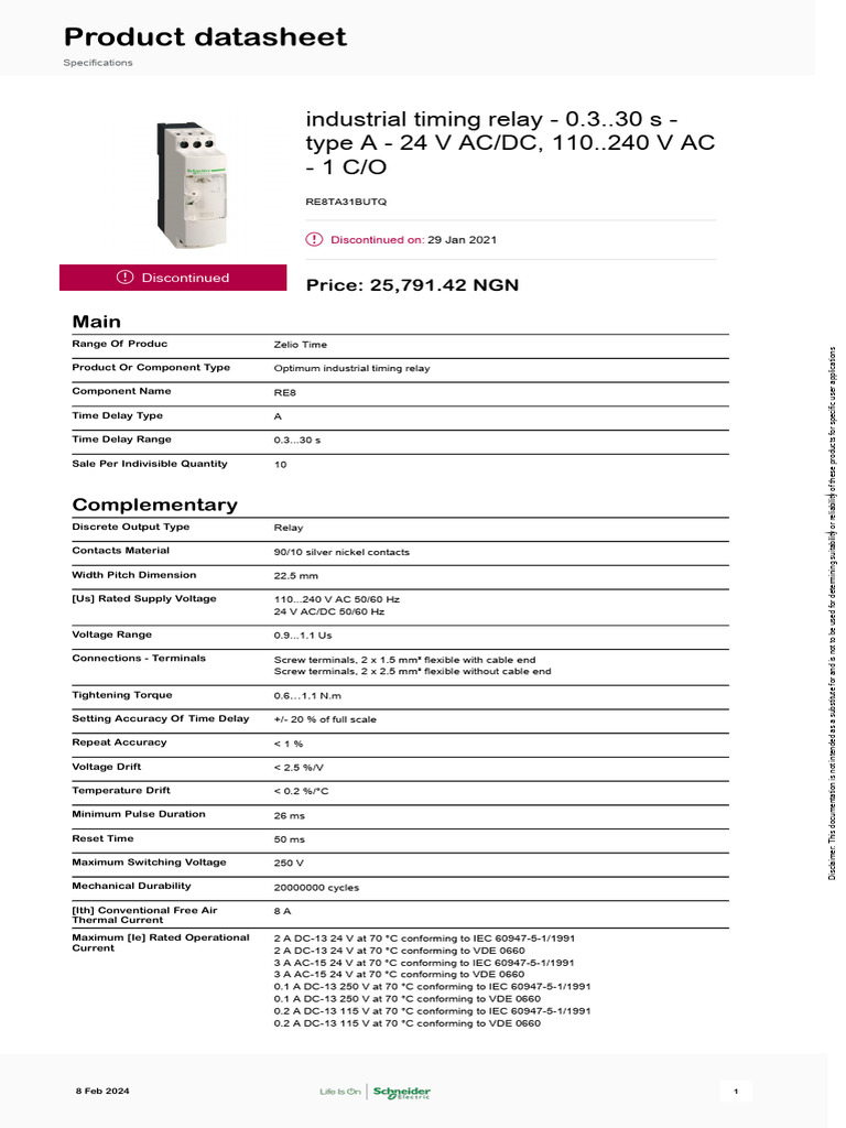 Schneider Electric_Timer-Relays_RE8TA31BUTQ | PDF | Relay | Alternating ...