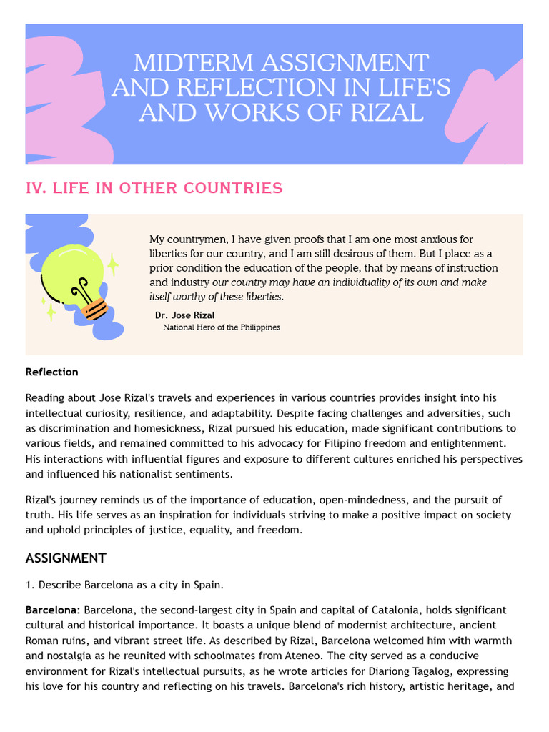MIDTERM ASSIGNMENT AND REFLECTION IN LIFE'S AND WORKS OF RIZAL - Dimaano ENG 301 | PDF ...