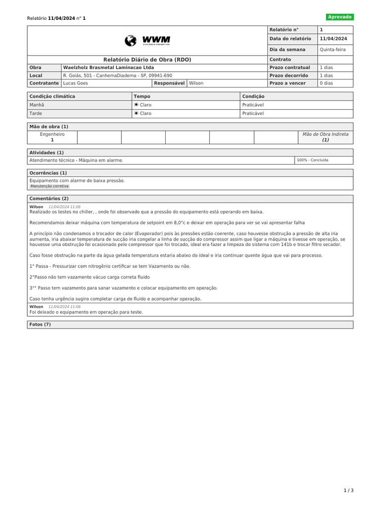 RELATORIO DIARIO DE OBRA (RDO) N 1 11-04-2024 | PDF | Pressão | Temperatura RELATORIO DIARIO DE OBRA (RDO) N 1 11-04-2024 | PDF | Pressão | Temperatura