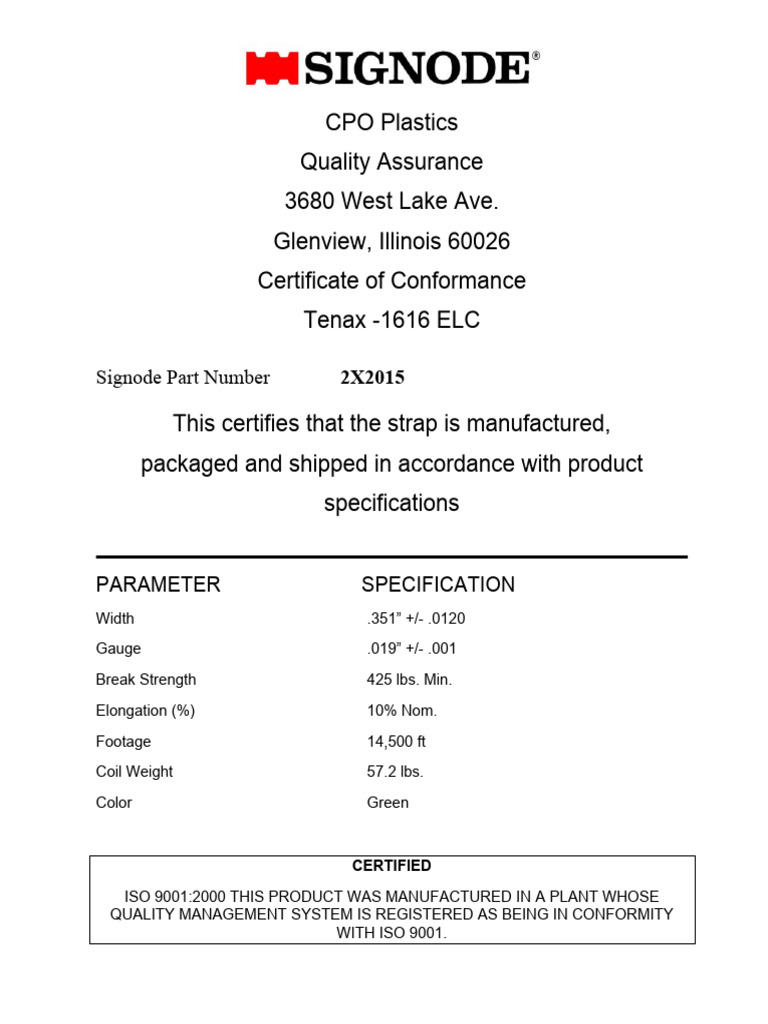 Certificate for Tenax-1616 ELC Strap | PDF