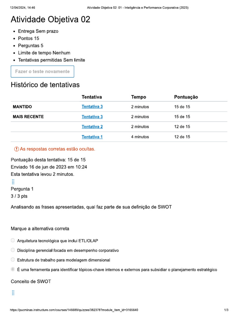 01 - Inteligência e Performance Corporativa (2023) QuestionáriosAtividade Objetiva 02 | PDF