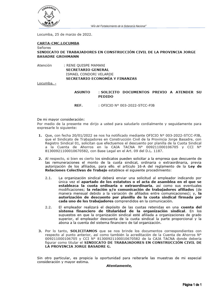 Carta Sindicato - Locumba | PDF | Sindicato