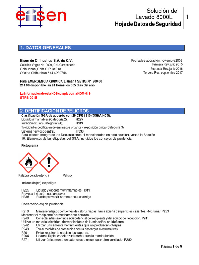 10 MSDS Solucion de Lavado 8000L EISEN | Descargar gratis PDF | Agua | Peróxido de hidrógeno