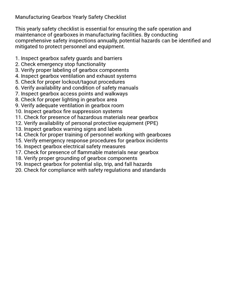Manufacturing Gearbox Yearly Safety Checklist | PDF