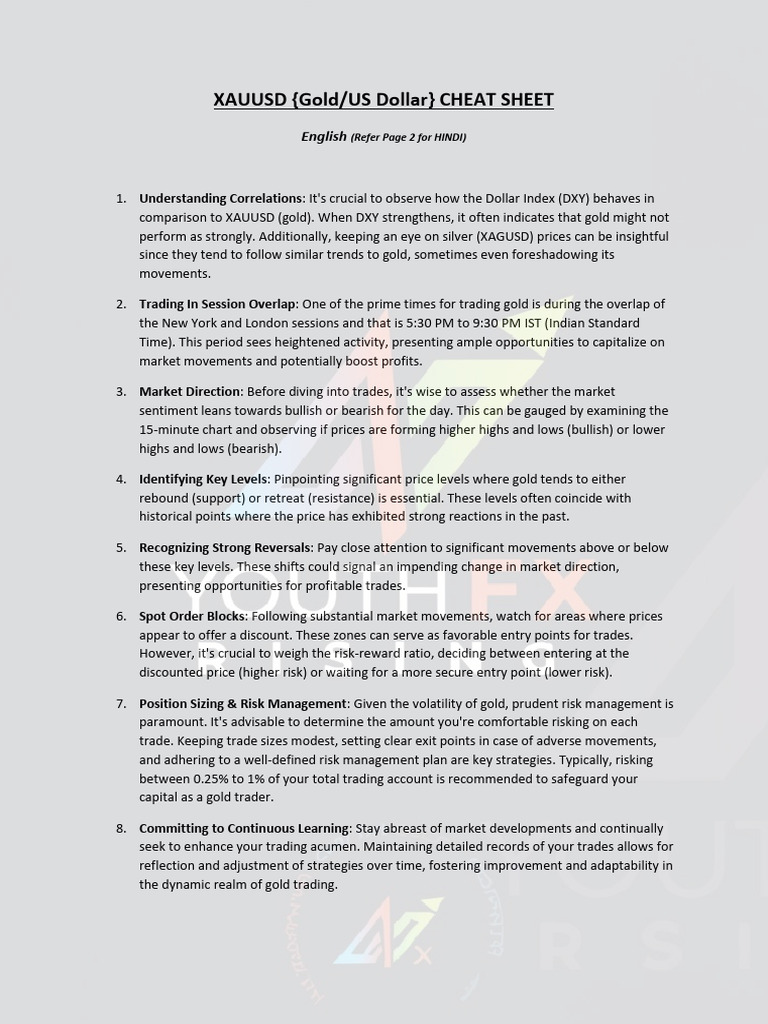 XAUUSD CHEAT SHEET | PDF | Market Trend | Gold As An Investment