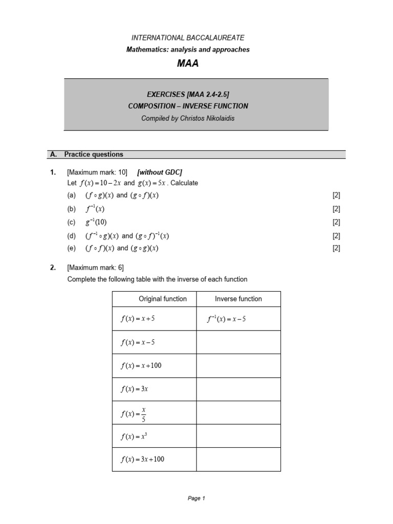 Inverse Functions Practice Exercises | PDF | Function (Mathematics ...