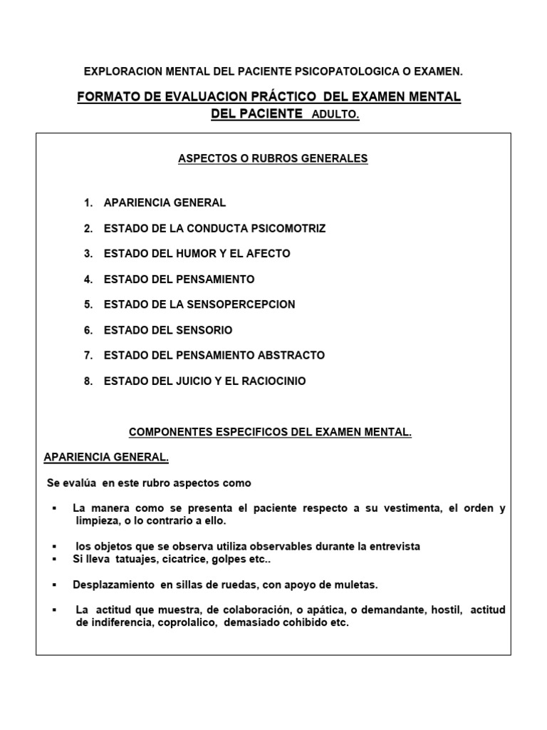 Examen Mental Paciente Adulto | PDF | Las emociones | Cognición