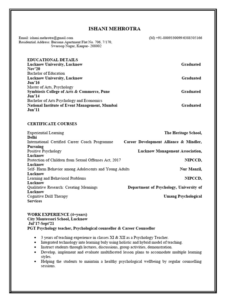 Resume - Ishani Mehrotra Teaching Updated | PDF | Psychology | Cognition