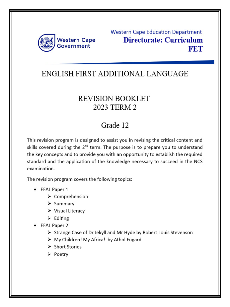Final Revision Booklet EFAL Term 2 Grade 12 | PDF | Part Of Speech ...