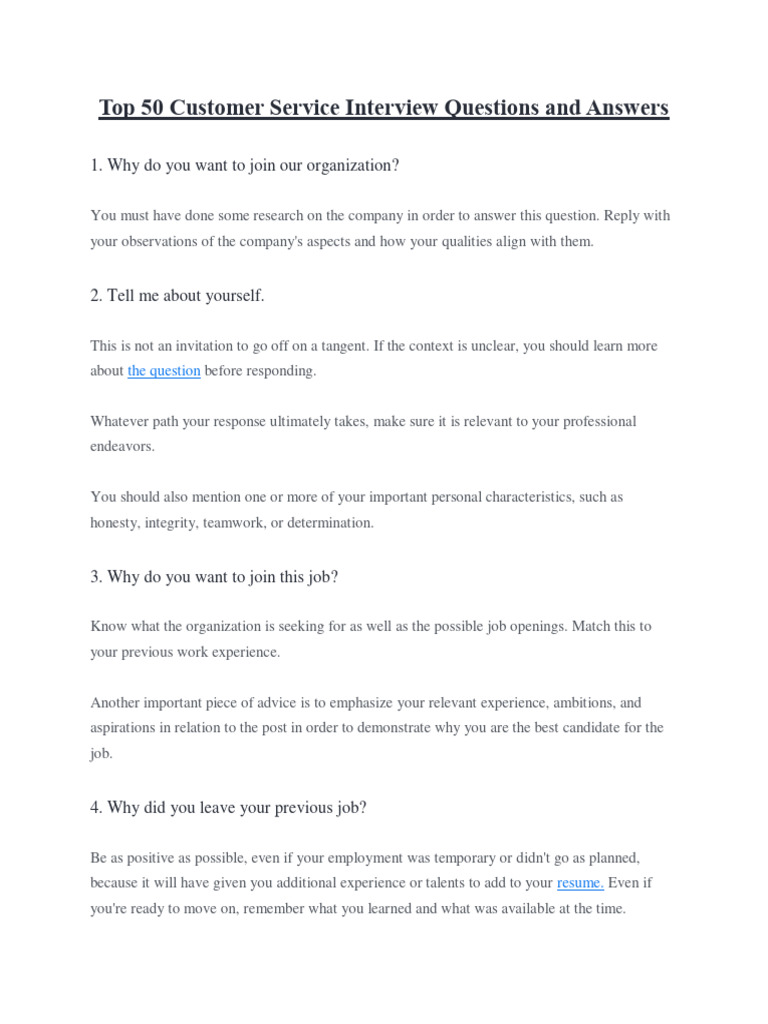 Top 50 Customer Service Interview Questions and Answers | PDF ...