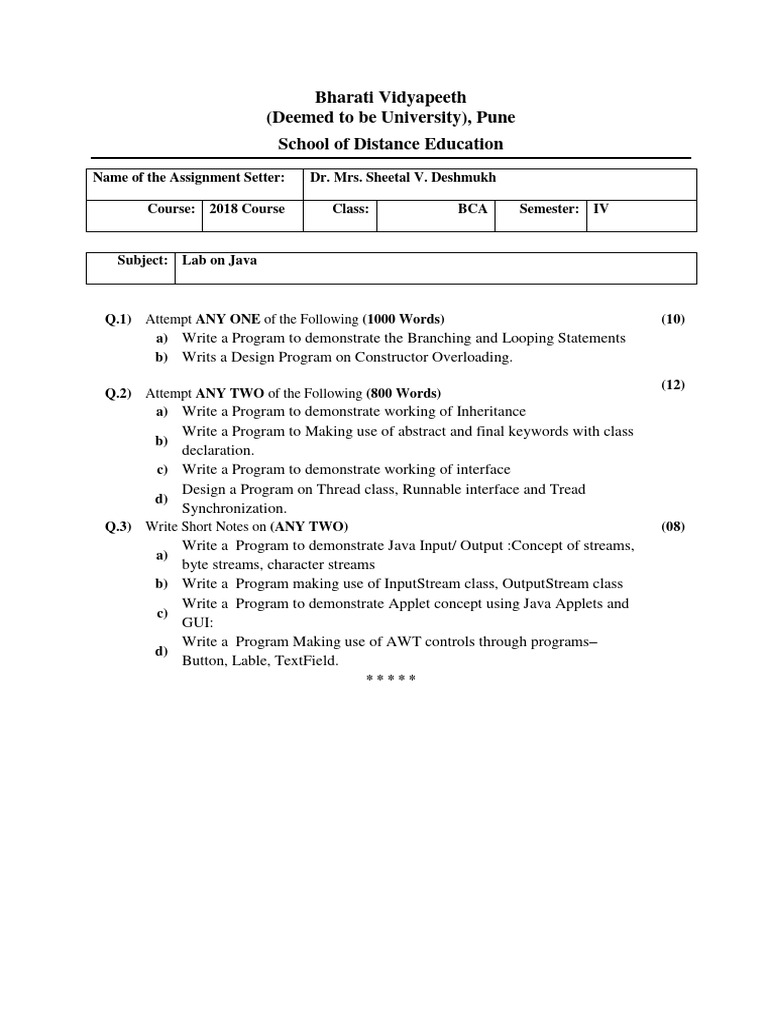 Java Lab Assignment for BCA Semester IV | PDF