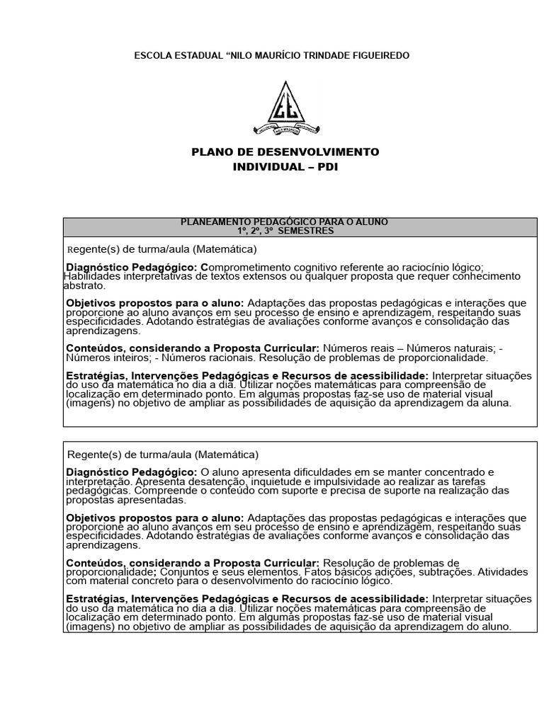 PDI - Matematica | PDF | Pedagogia | Aprendizado