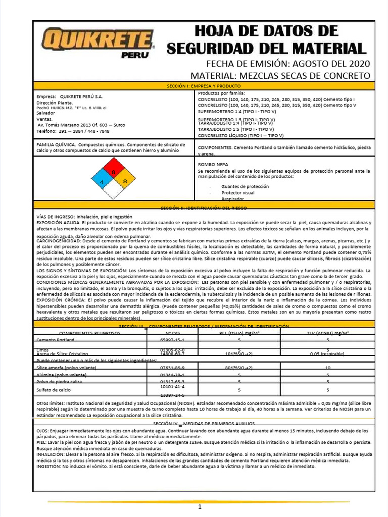 Seguridad en Manipulación de Cemento Portland | PDF | Cemento ...