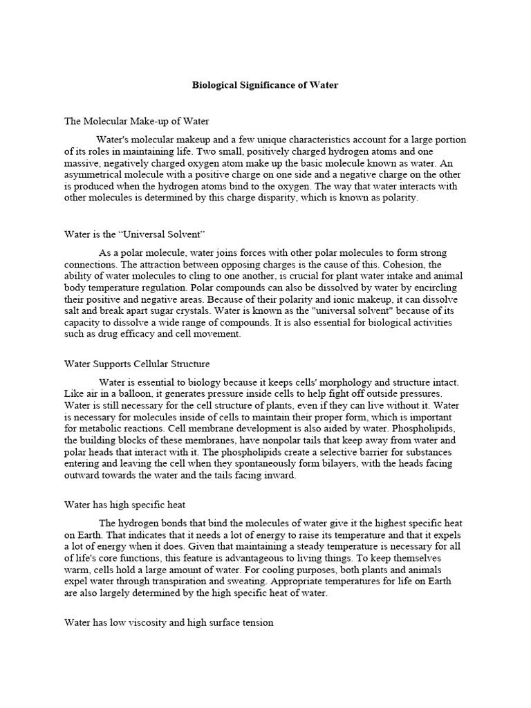 Importance of Water in Biology | PDF | Water | Chemical Polarity