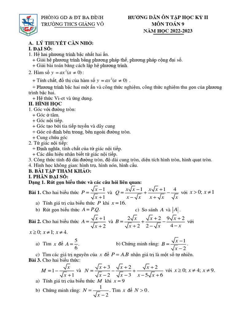 De Cuong Hoc Ky 2 Toan 9 Nam 2022 2023 Truong Thcs Giang Vo Ha Noi | PDF