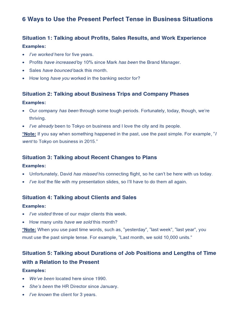 6 Ways To Use The Present Perfect Tense in Business Situations | PDF