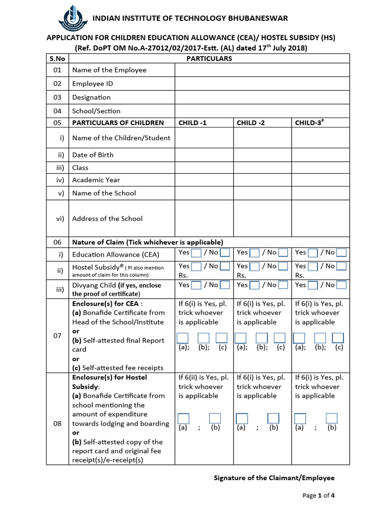 Form For Reimbursement of Children Educatin Allowance and Hostel Subsidy | PDF