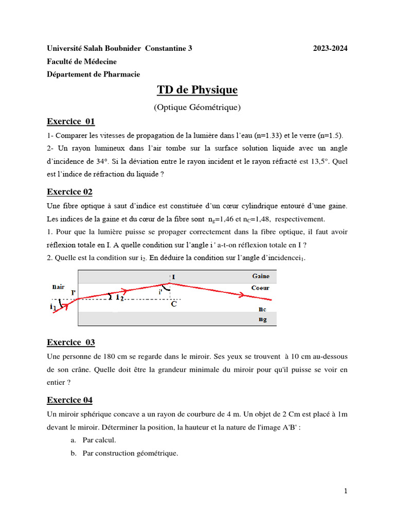 Exercices de Physique sur l'Optique | PDF | Réfraction | Indice de ...