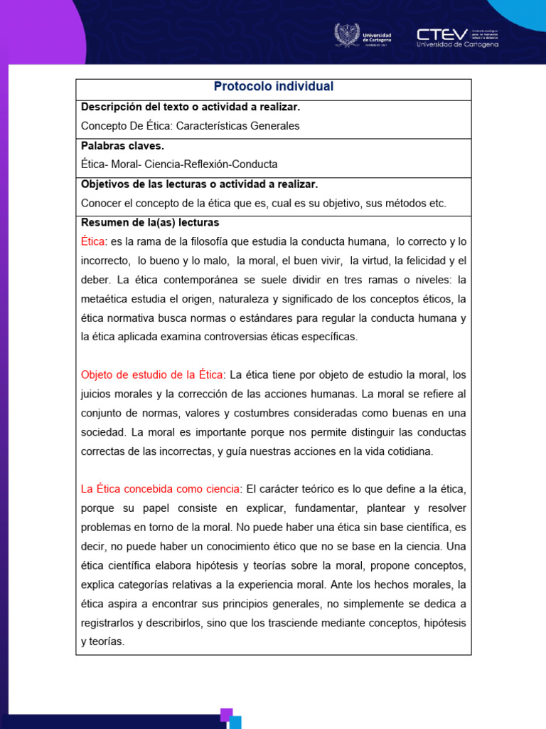Protocolo Individual Etica | Descargar gratis PDF | Moralidad | Teoría