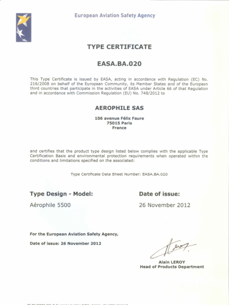 TC Aerophile EASA - Ba.020 5500 Issue01 | PDF