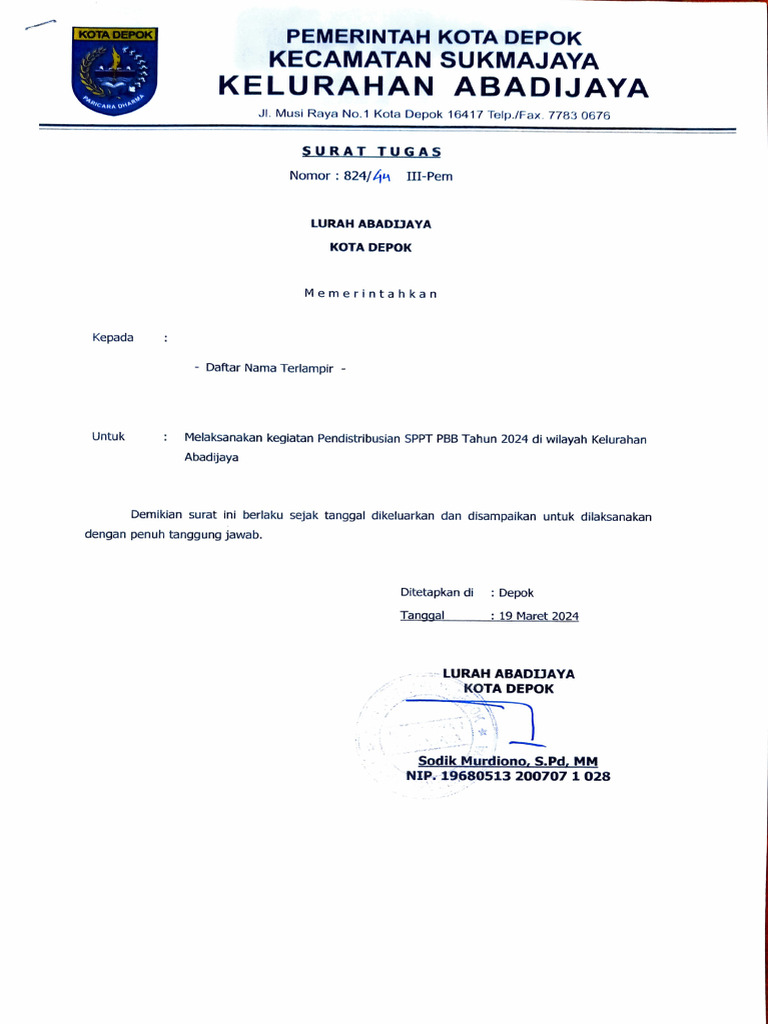 Surat Tugas Pendistribusian PBB | PDF