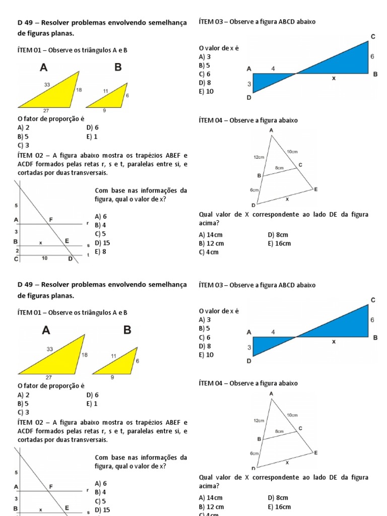 D 49 Atividade De Semelhanças De Figuras Planas3 Pdf Geometria