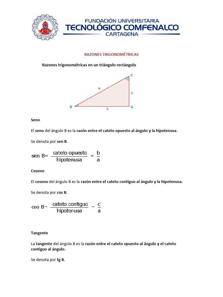 RAZONES TRIGONOMÉTRICAS. Razones Trigonométricas en Un Triángulo Rectángulo | PDF ...