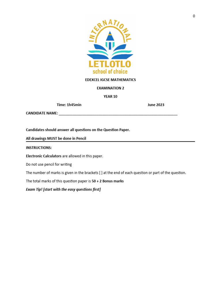 Year 10 Edexcel Igcse Mathematics Examination 2 | PDF