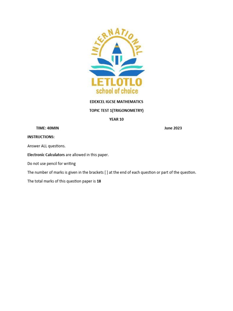 Year 10 Edexcel Igcse Maths Topic Test Trig Pdf