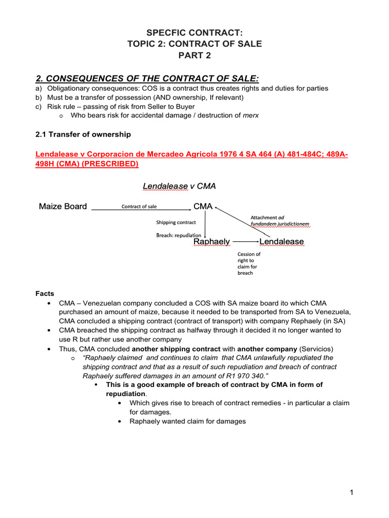 Specific Contracts (2023) - Topic 2 - Contract of Sale - Part 2 | Download Free PDF | Private ...