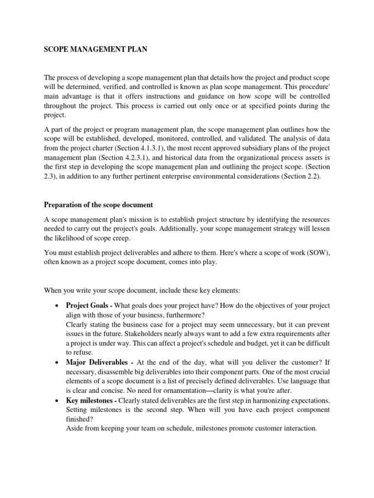 Scope Management Plan Overview | PDF | Business