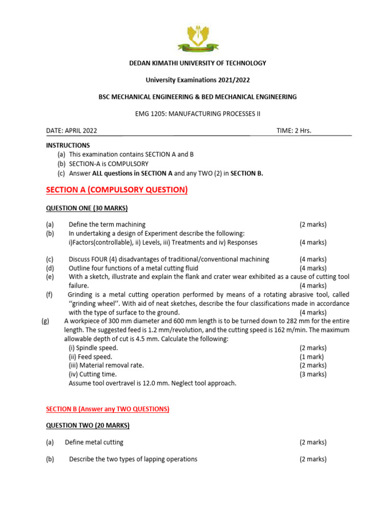 EMG 1205 Manufactruing Processes II - Exam 2022-23 | PDF | Grinding ...