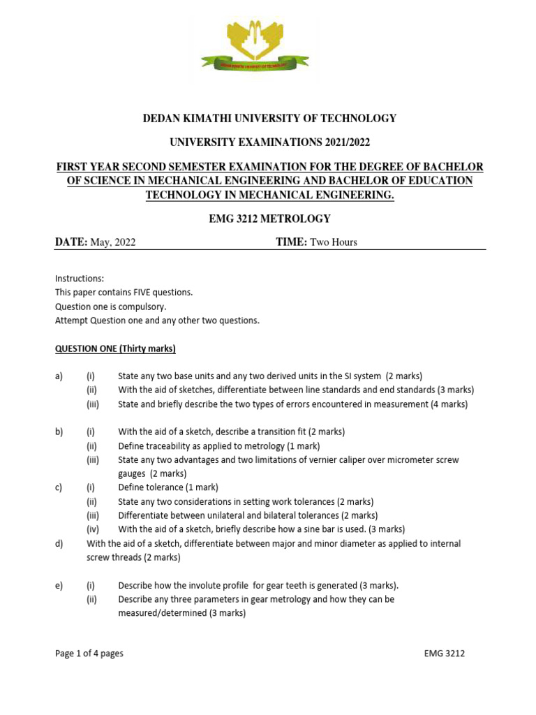Emg 3212 Metrology Exam Draft | PDF | Metrology