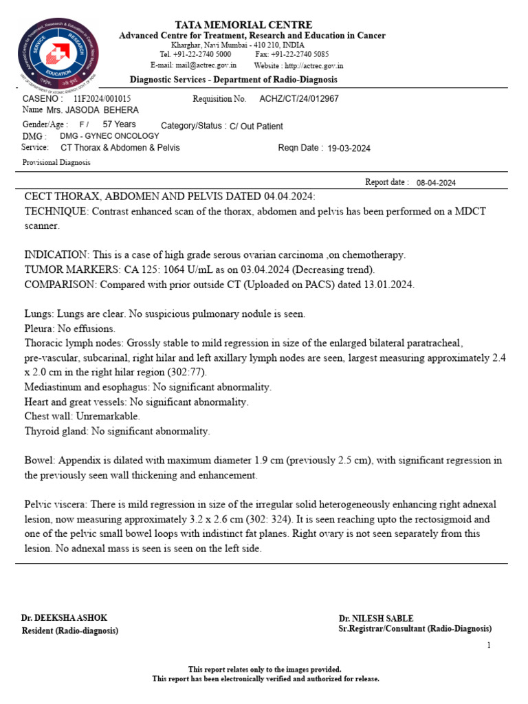 CT Scan Report: Ovarian Carcinoma Update | PDF | Ct Scan | Abdomen