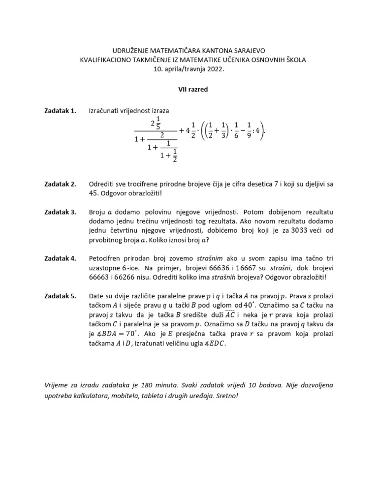 7 Razred Zadaci, Rjesenja I Sema Bodovanja OS Kvalifikaciono Takmicenje ...